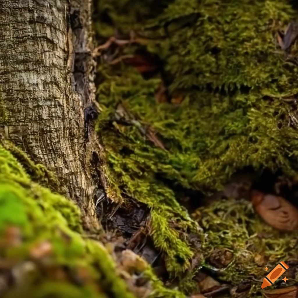 Close-up of a decaying log covered in moss and insects on Craiyon
