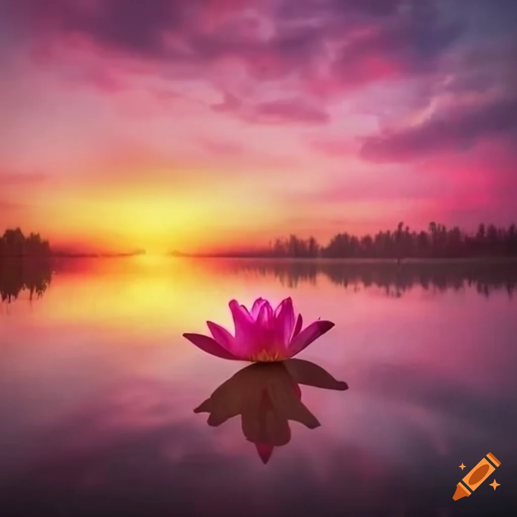 Monet-inspired sunset with pink and white lotus in a lake