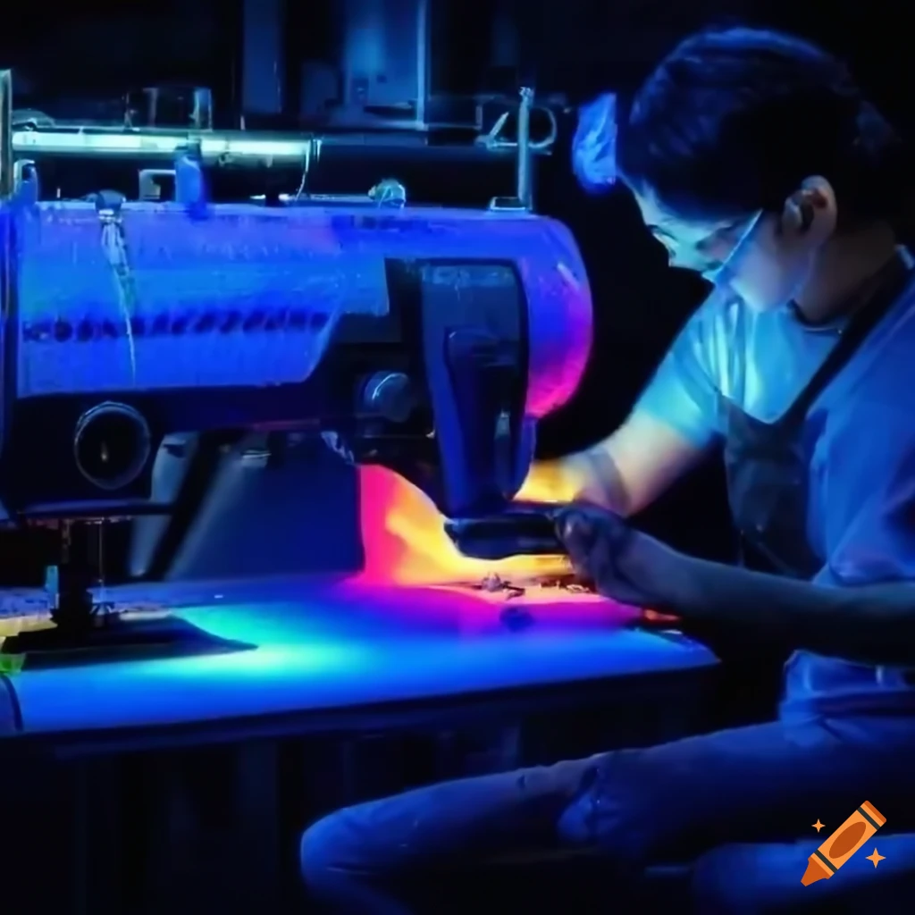 Woman sewing holographic fabric with computer code design on Craiyon