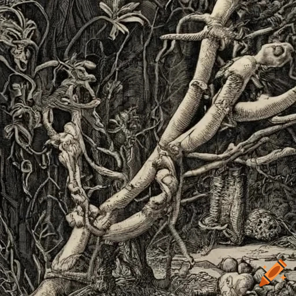 Intricate etching engraving of mysterious symbols formed in bone and ...