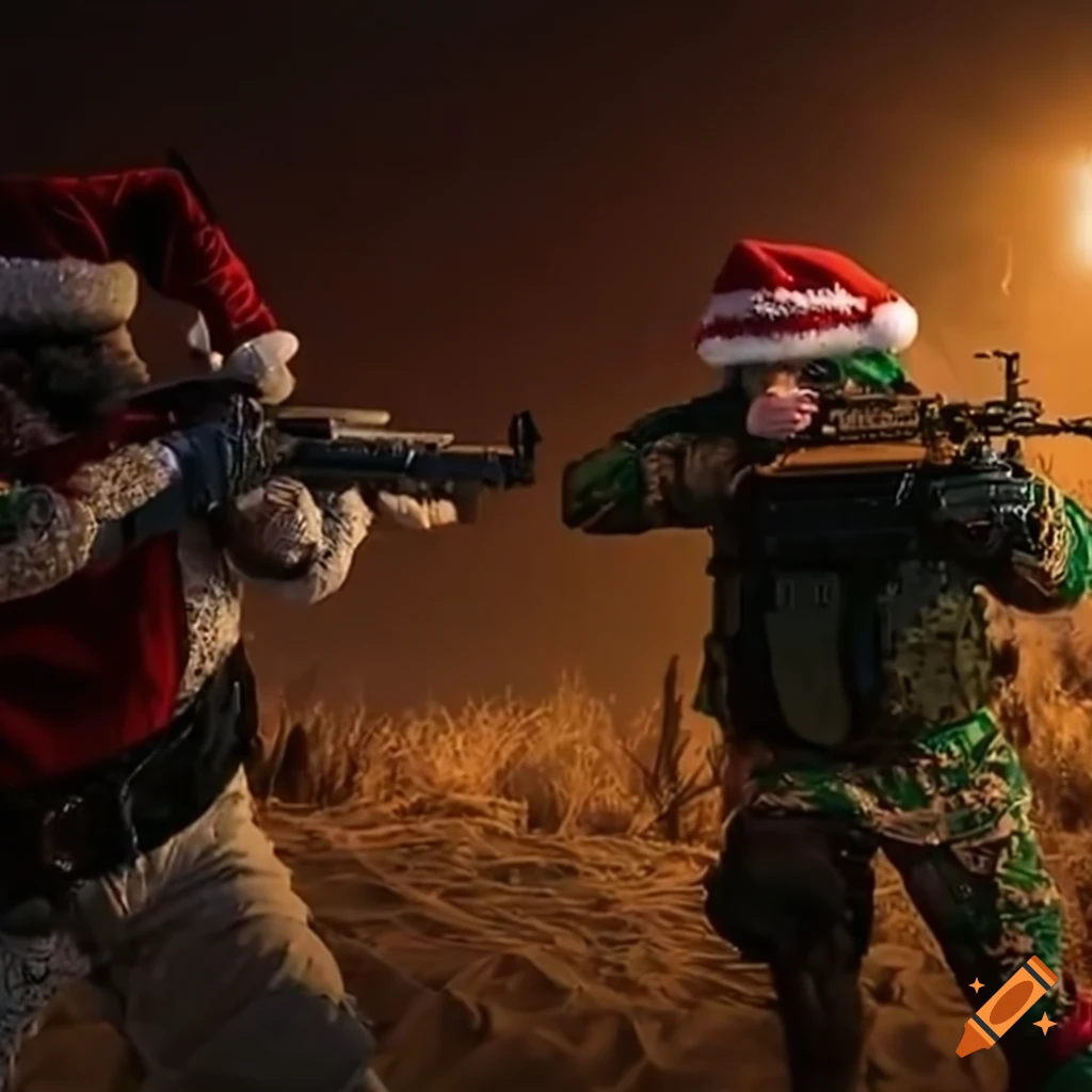 Santa claus participating in an airsoft battle