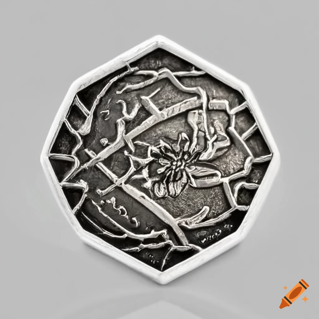 Silver coin with spider designs