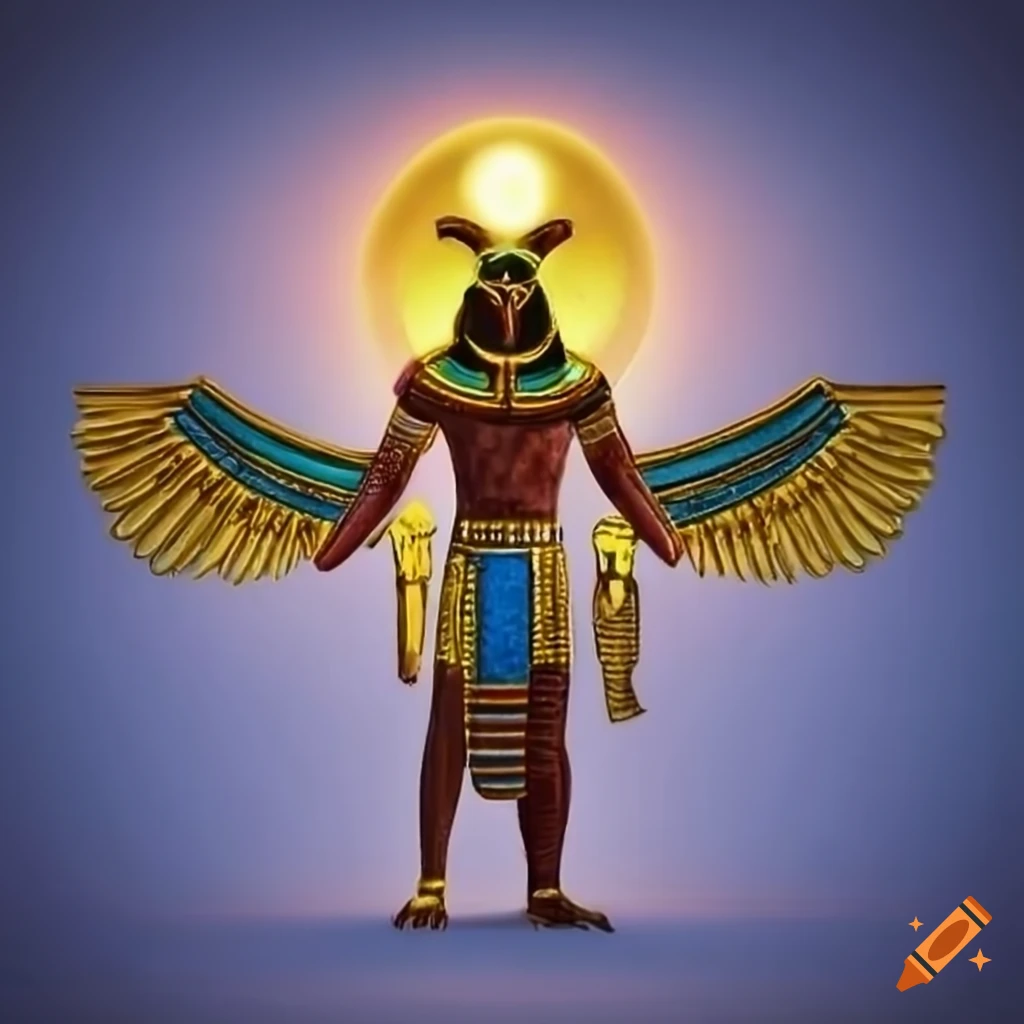 Golden-winged egyptian god with penguin head