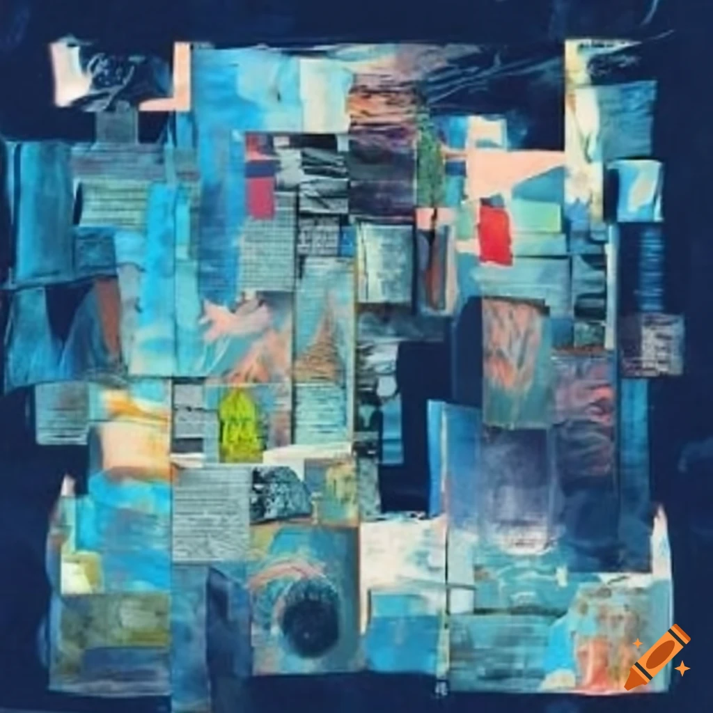 Abstract mixed media artwork with newspaper and painted textile on Craiyon