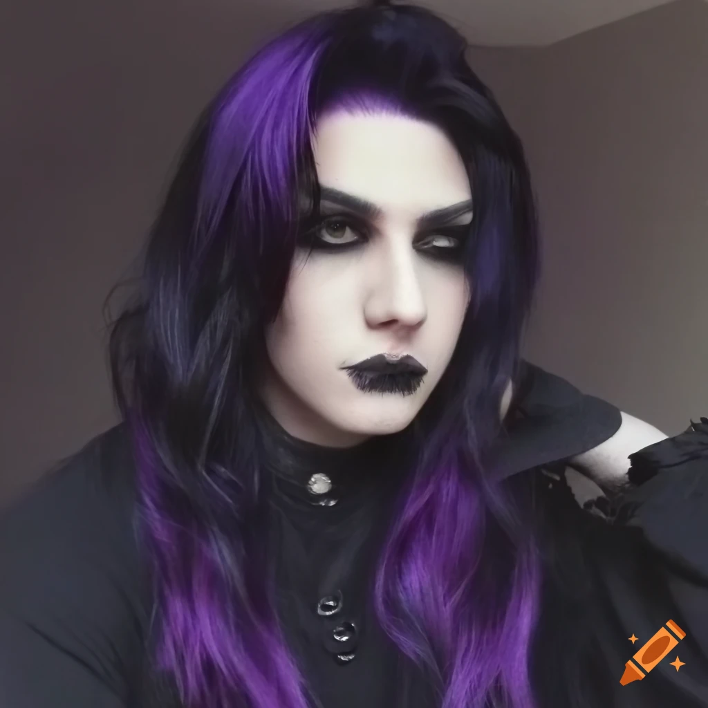Portrait of a goth person with dark purple and black hair