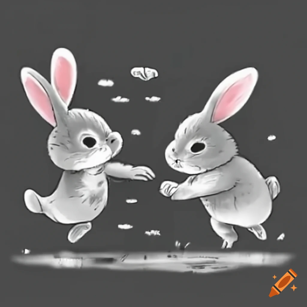 Three cute rabbits dancing in a glen