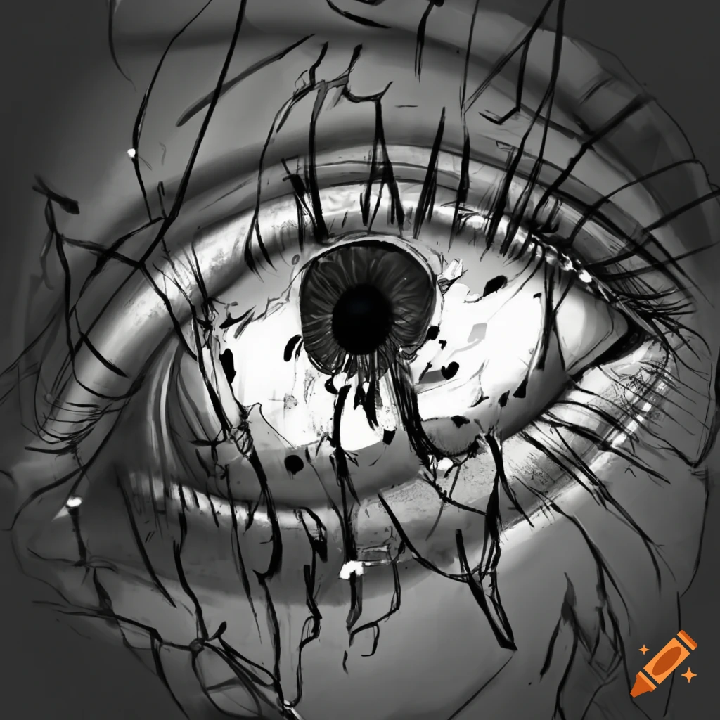 Chaotic manga-style eye made of fragmented glass on Craiyon