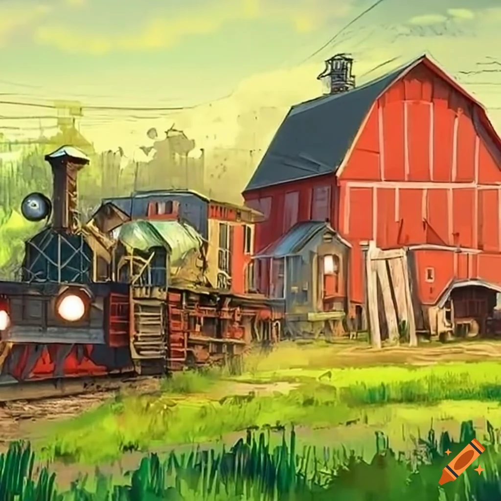 Unique artwork with farm, train, and building elements on Craiyon