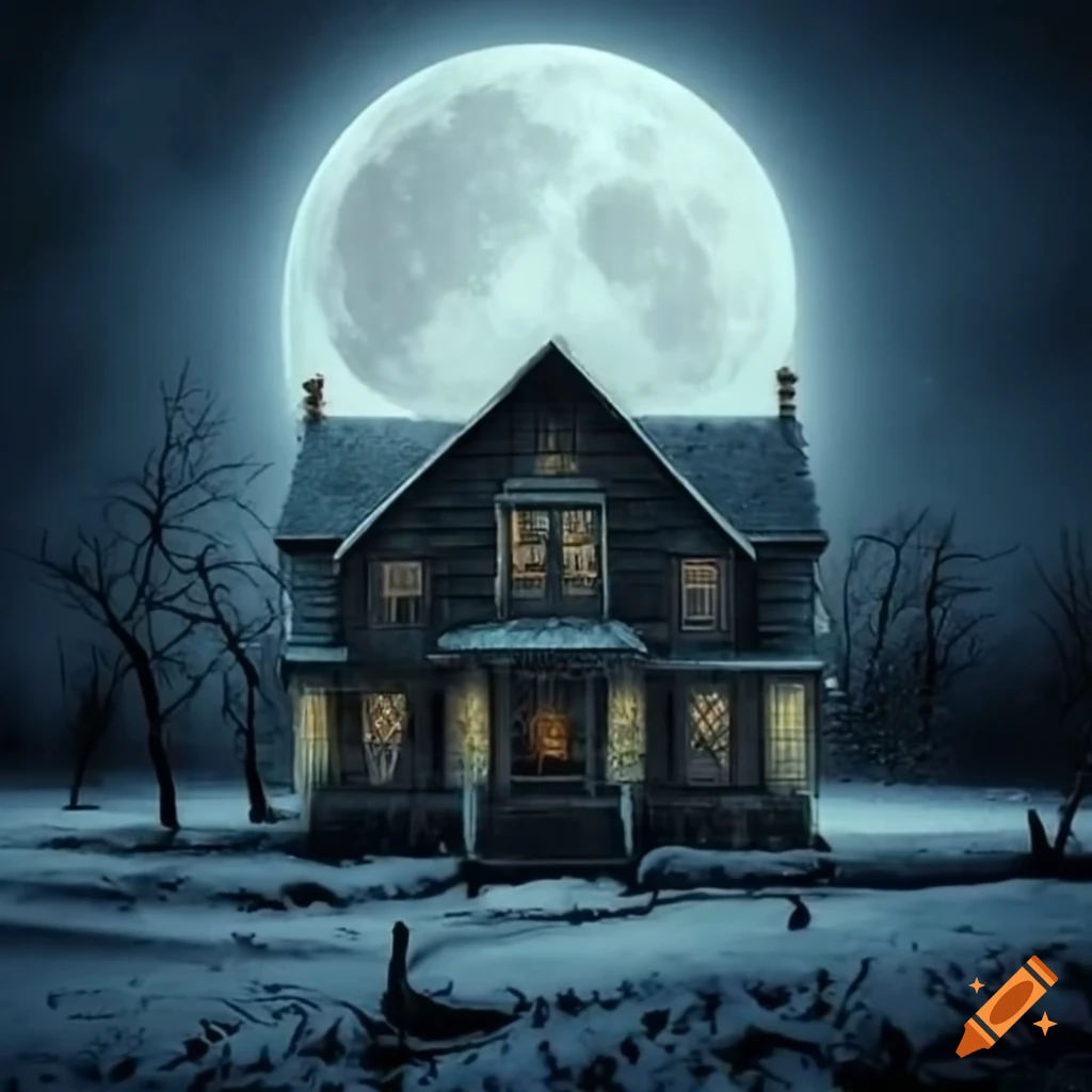 Image of a spooky house in the snow on Craiyon