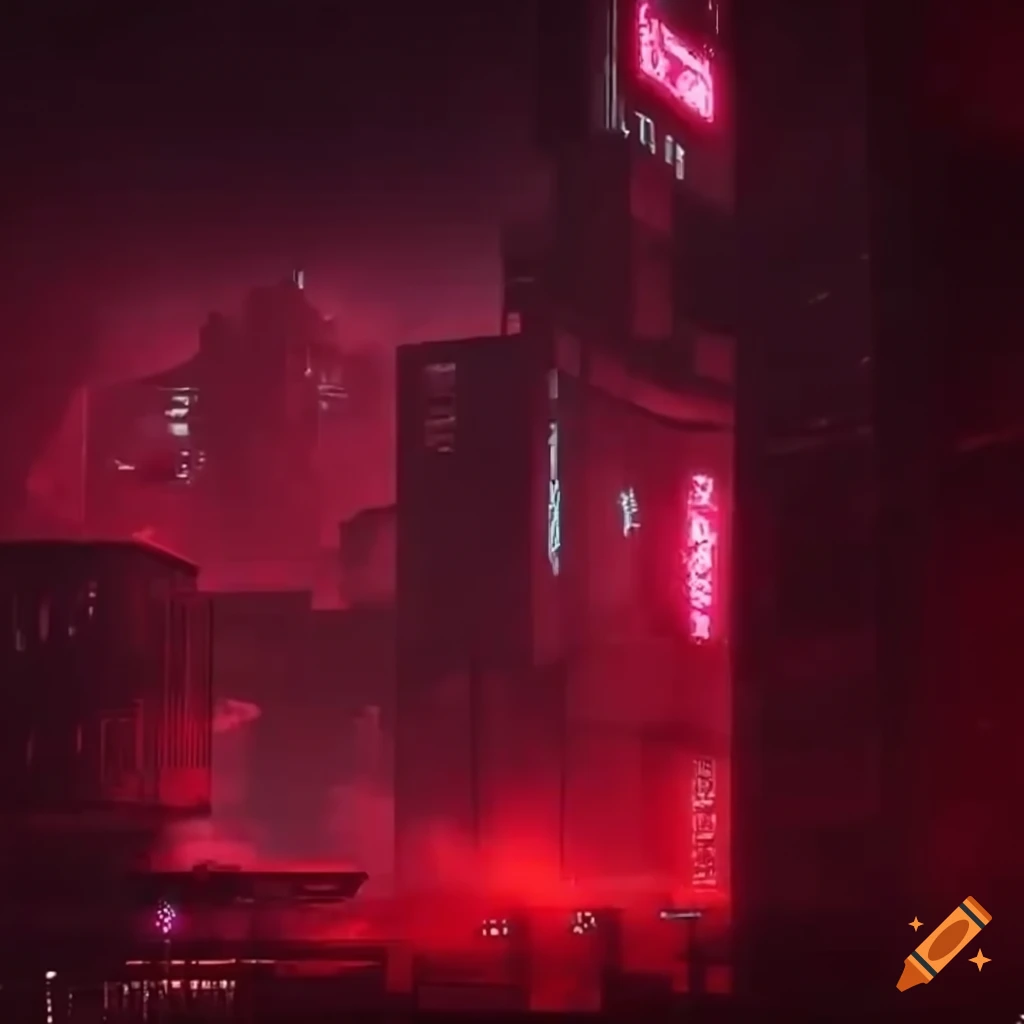 Mysterious figure in red neon robe in cyberpunk building on Craiyon