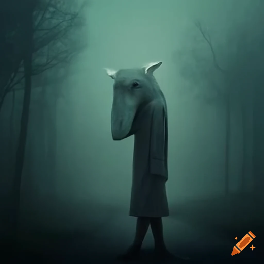 Photograph of a mysterious figure wearing an animal mask in the mist