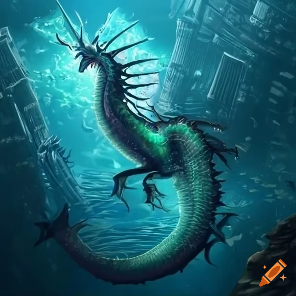 Illustration of a sea dragon in an underwater city