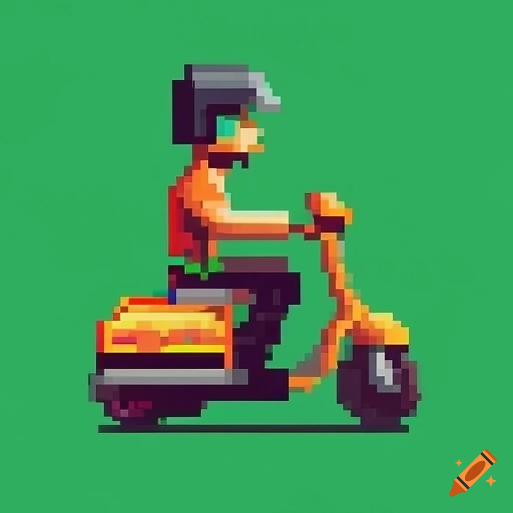 Pixel art of a pizza delivery motoboy on a scooter