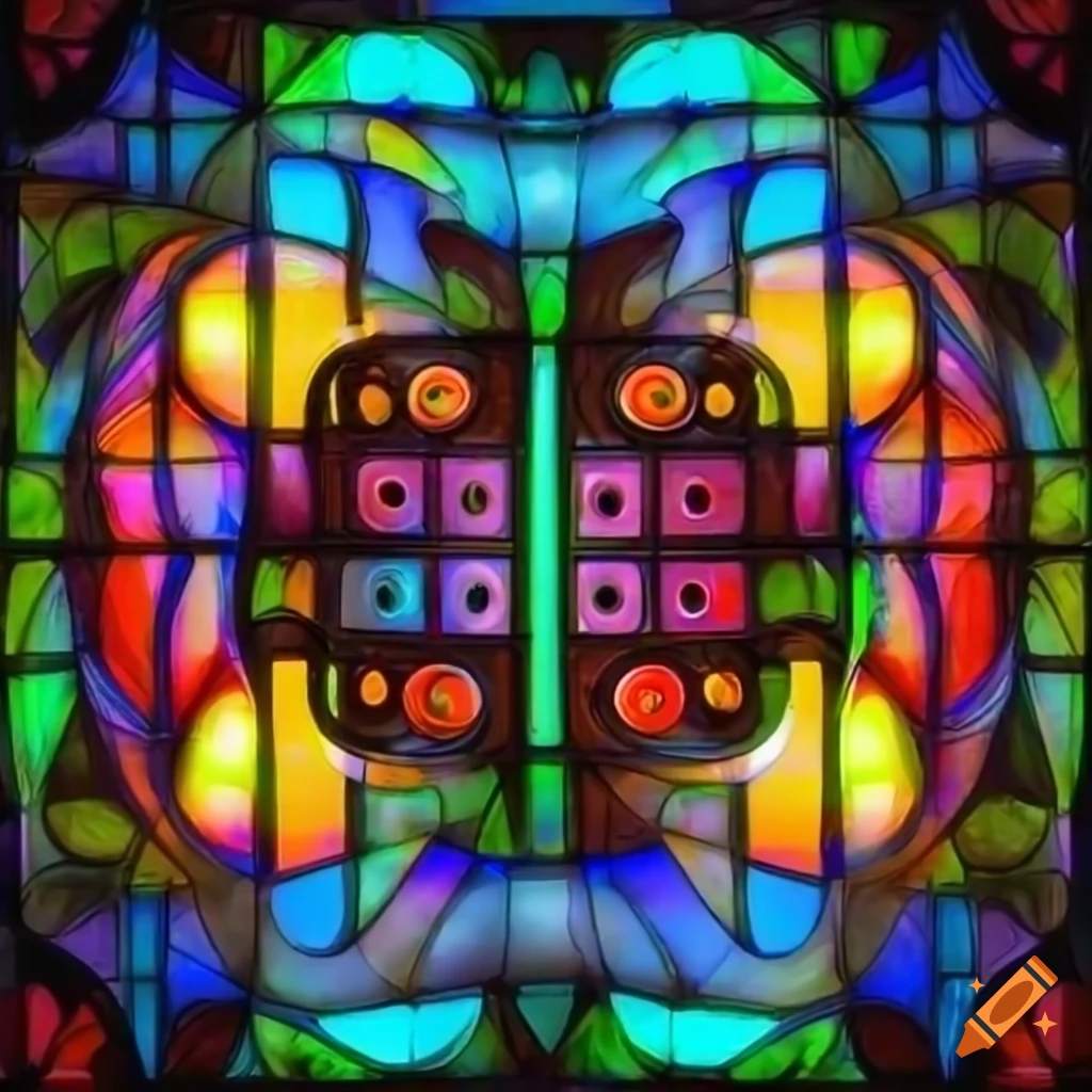 Stained glass-inspired array of colorful square buttons on Craiyon