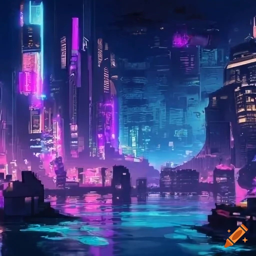 Cyberpunk city skyline on the ocean