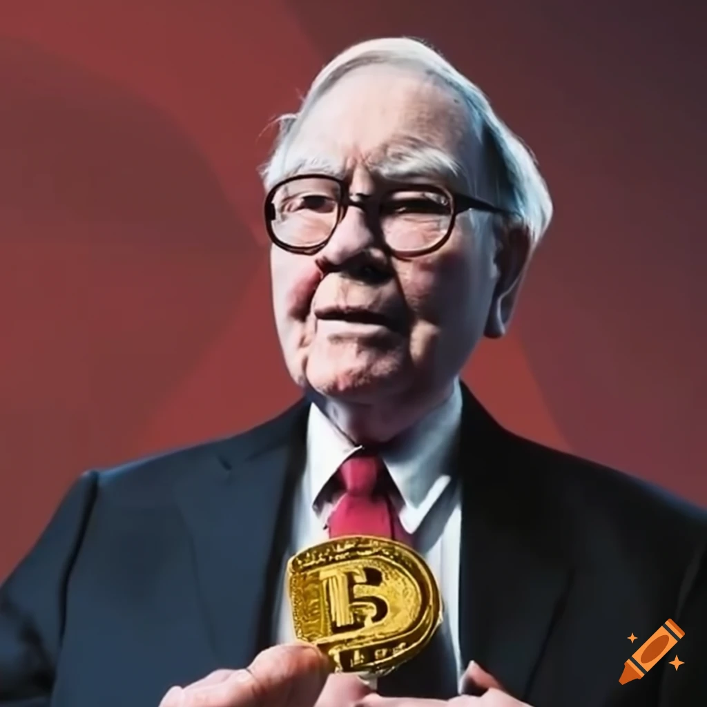 Warren buffet holding a bitcoin symbol