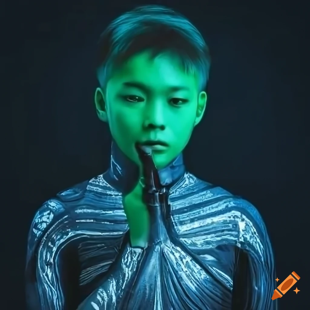 Edgy asian teenager boy in futuristic wetsuit