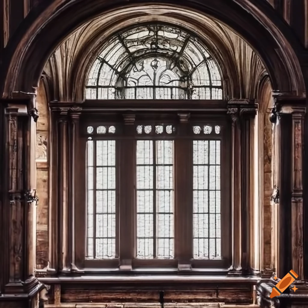 Image of a dark academia library with arched window