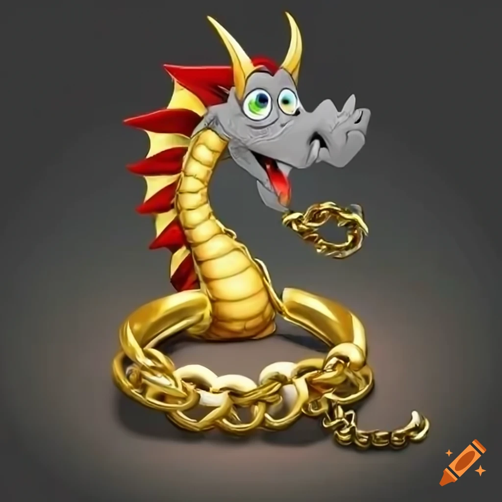 Cartoon dragon coming out of a ring with a gold chain