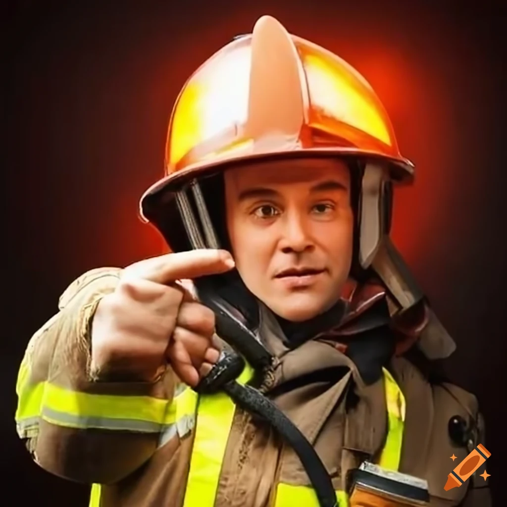Photo of a chief firefighter pointing at his helmet