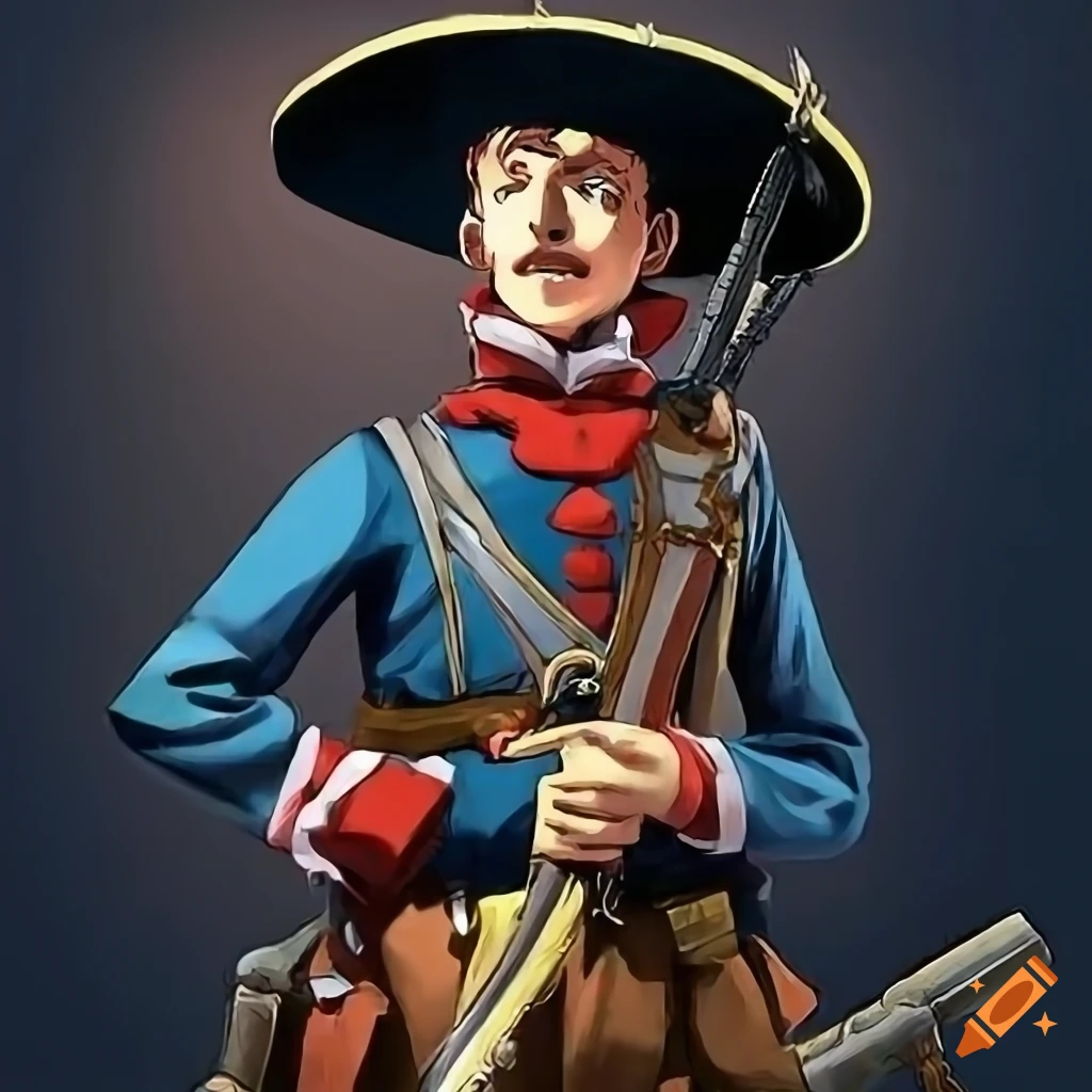 Anime illustration of a skinny zouave man with a rifle