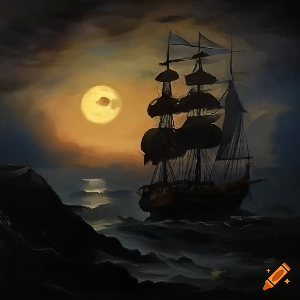 Oil painting of a pirate ship under moonlight on Craiyon