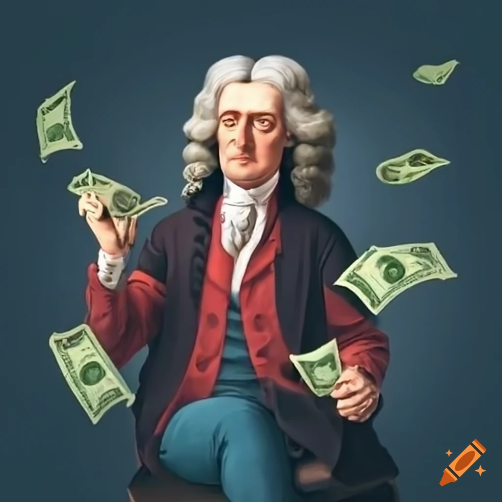 Isaac Newton with money flying around him on Craiyon