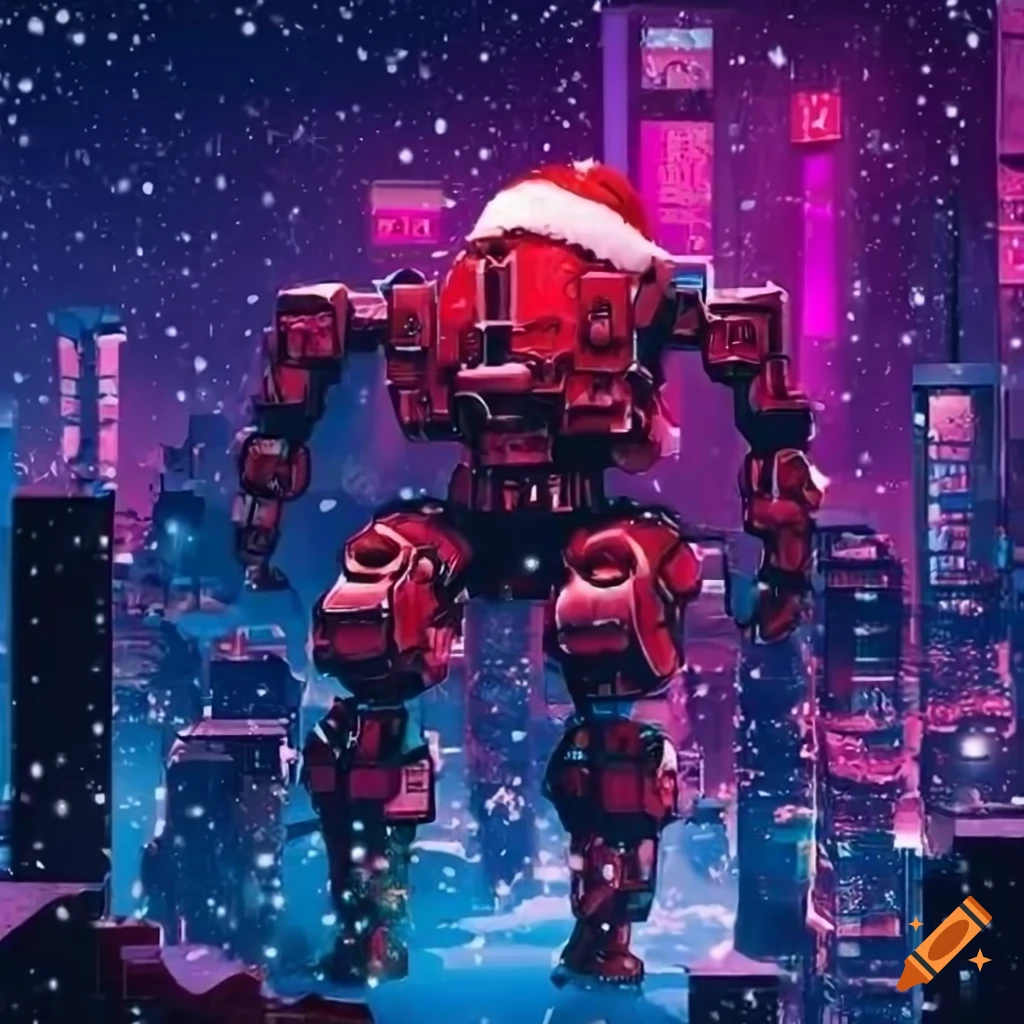 Neon cyberpunk city with a giant santa claus mech on Craiyon