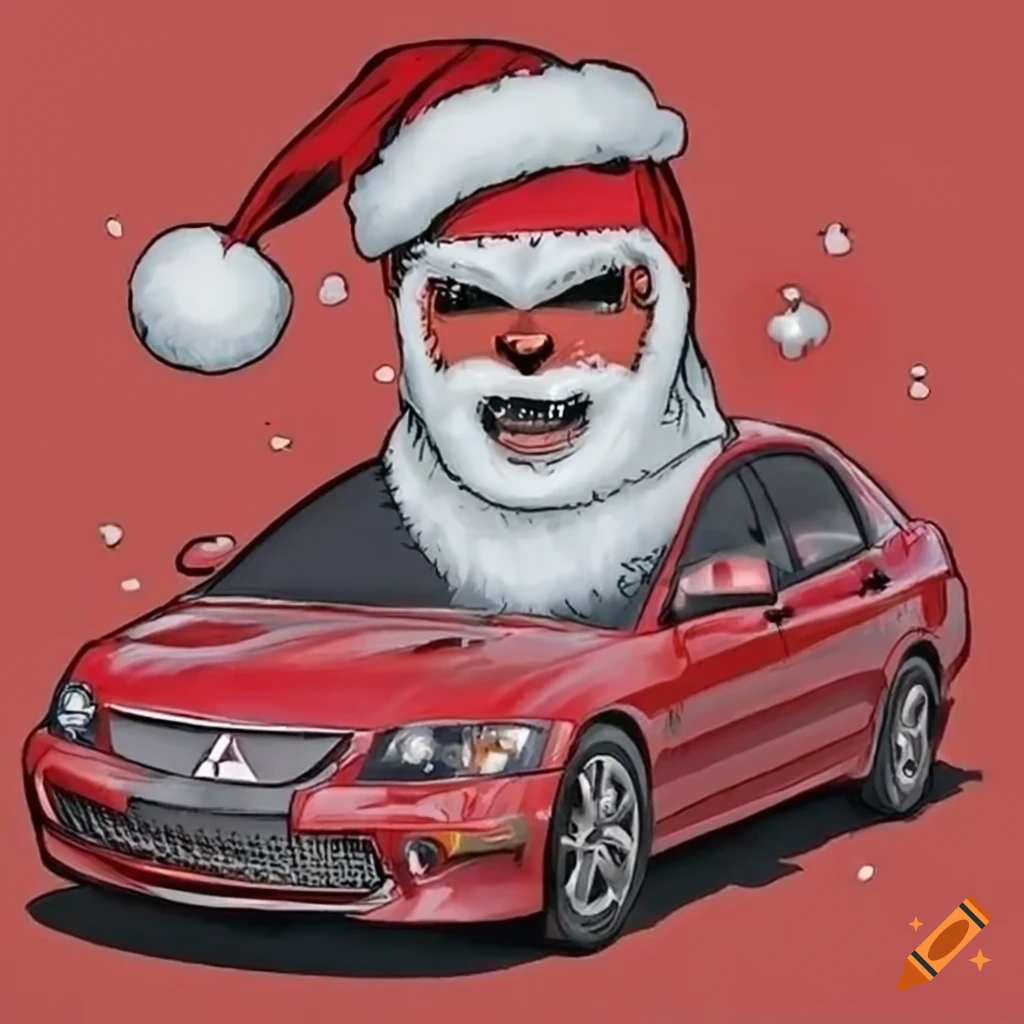 Comic-style gangsta santa driving a red mitsubishi lancer 2004