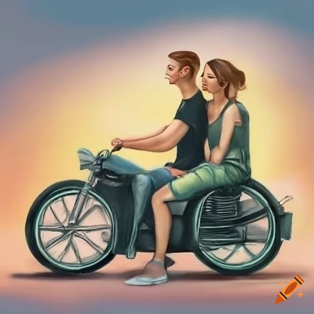 Pencil art of couple sitting on a motorbike