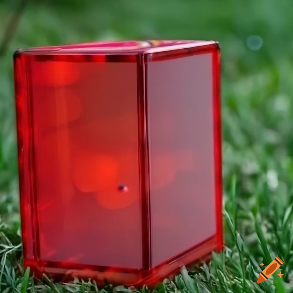 Red translucent box on a green lawn