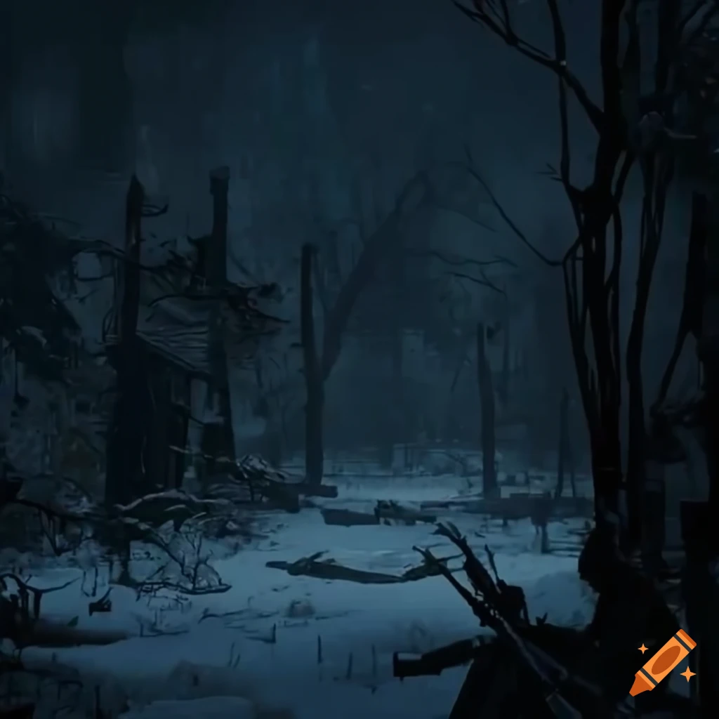 Screenshot of a snowy wooded area in a survival horror game on Craiyon