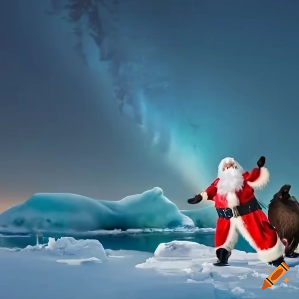 Santa claus with polar bears and seals in north pole