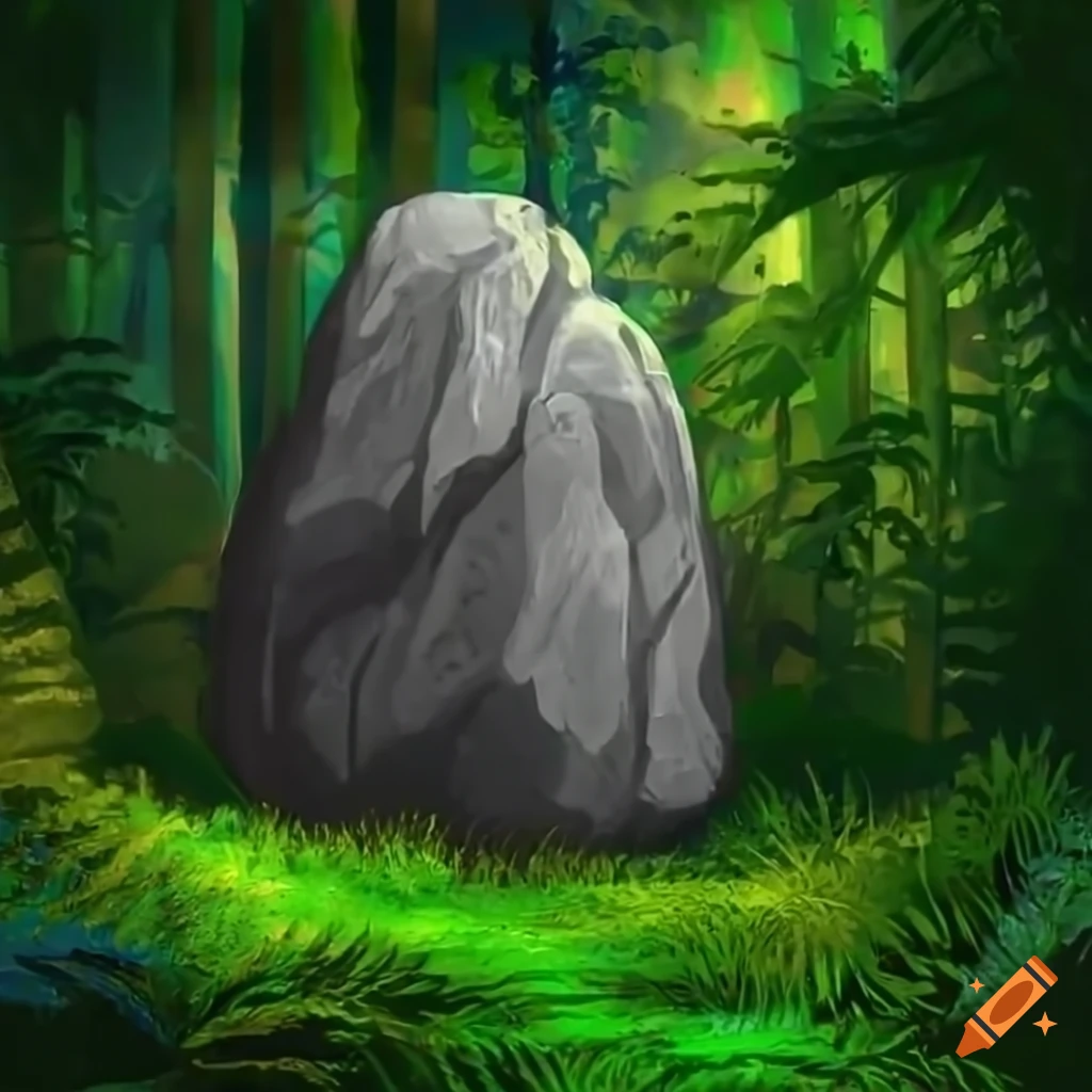 Shiny gray rock in a sunny rainforest
