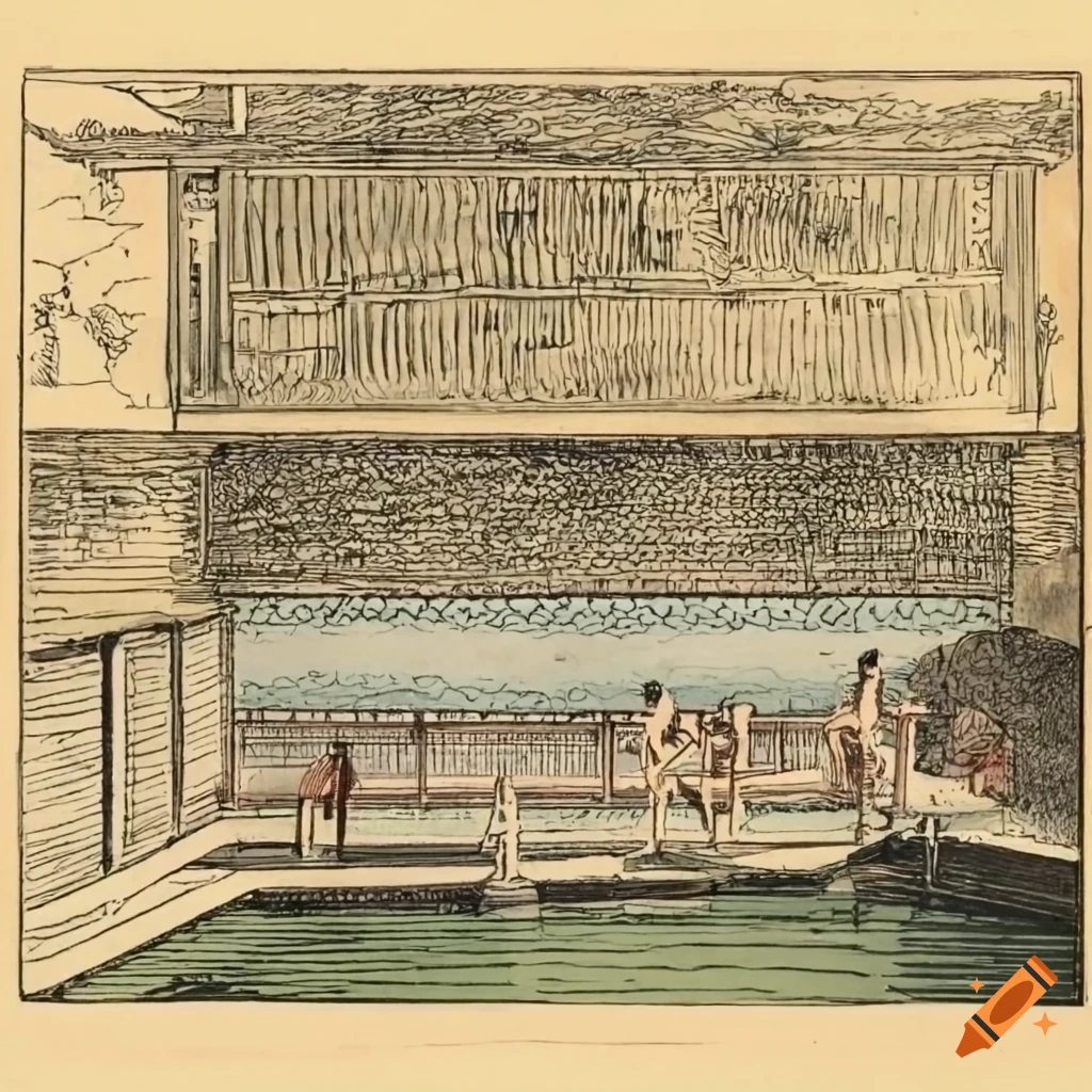 Architectural drawing of a Japanese onsen in an ancient reservoir on ...