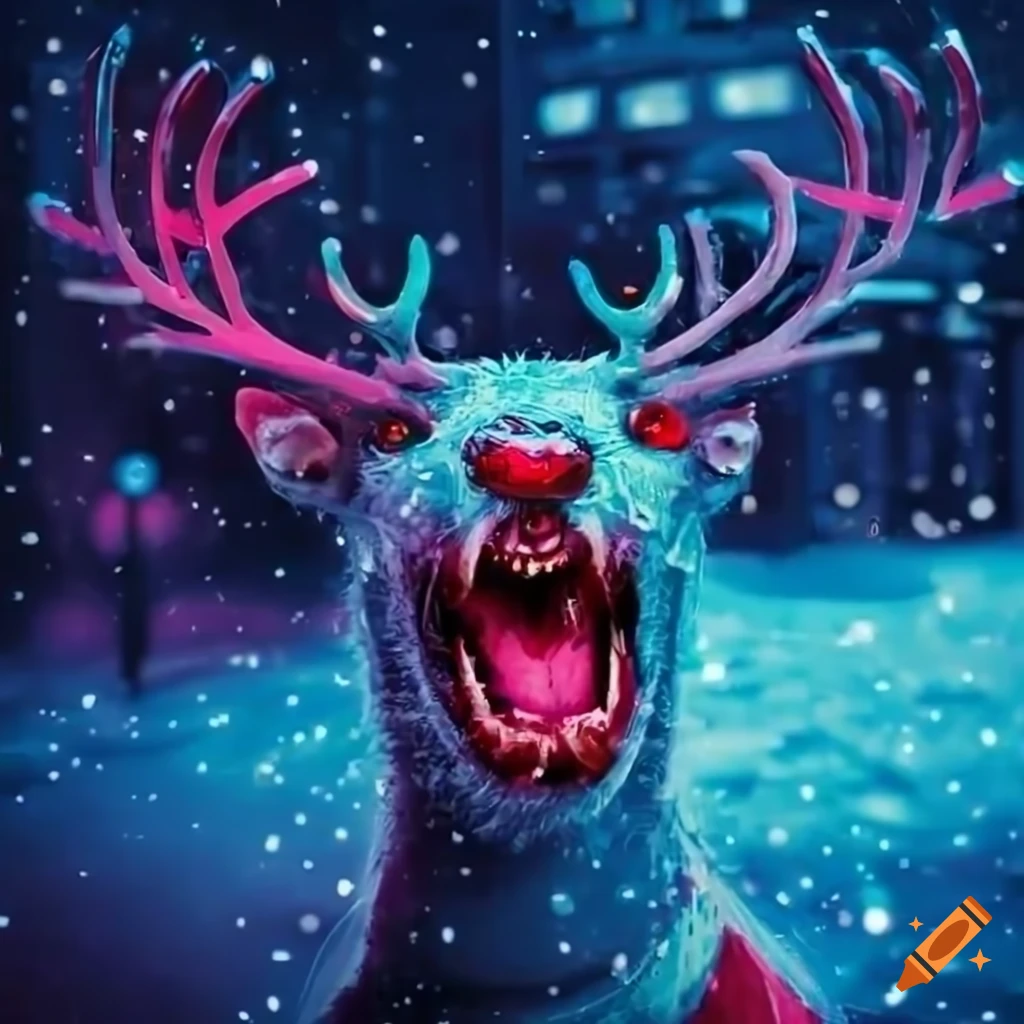 Neon cyberpunk reindeer with red nose in a snowy city on Craiyon