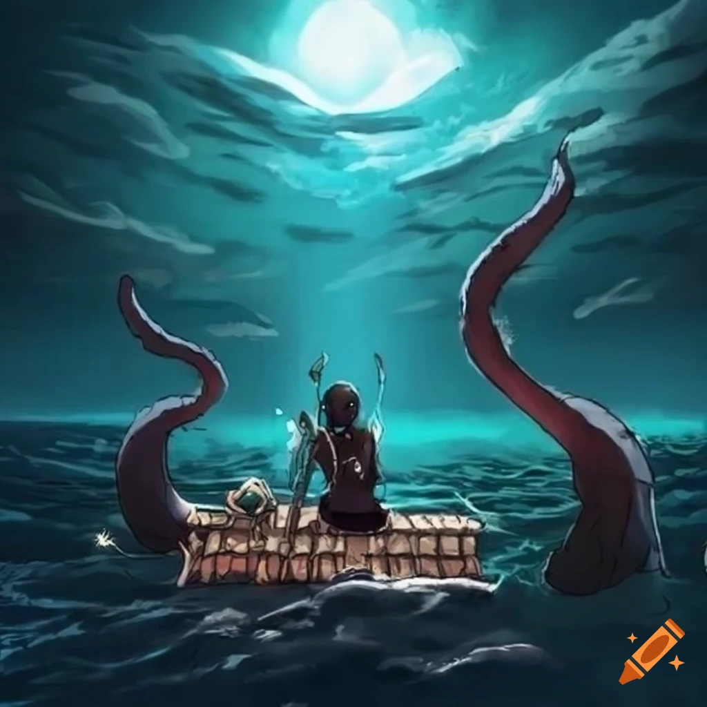 Dark fantasy manga image of a raft on the stormy sea on Craiyon