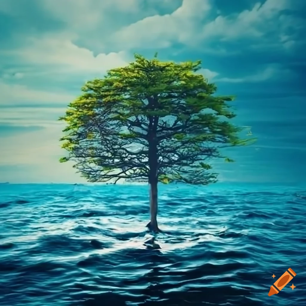 Artistic depiction of a tree overlooking the ocean with a megaphone on ...