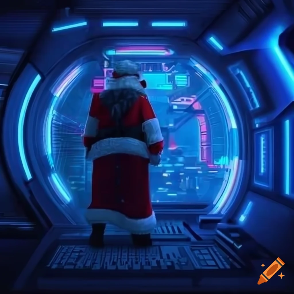 Santa claus in a futuristic spaceship control room