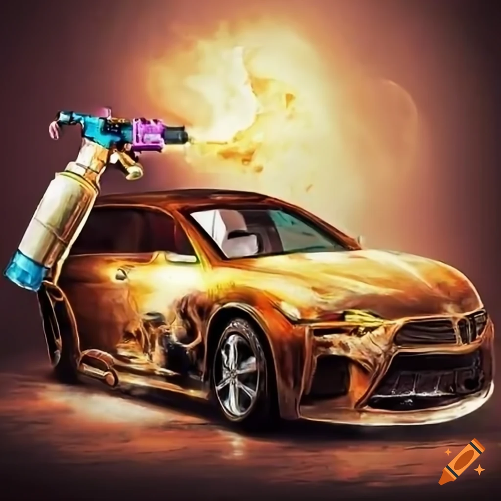 High resolution image of car being painted with a spray gun