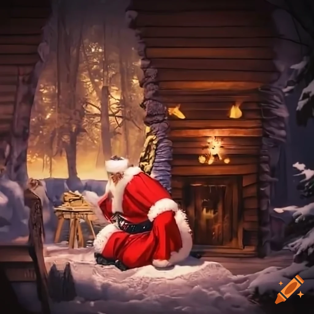 Humorous illustration of santa and a wolf in a cabin on Craiyon