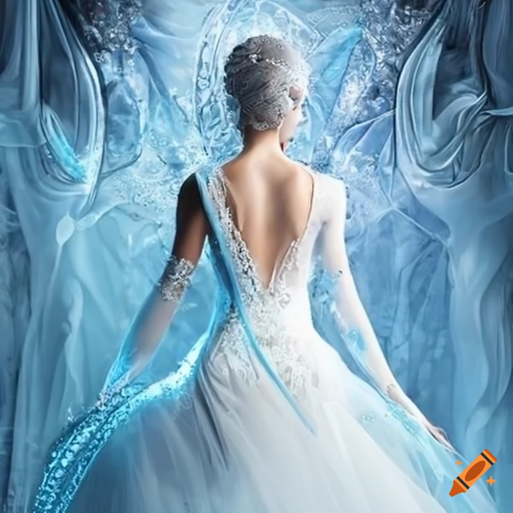 Back view of an ice goddess in a wedding dress