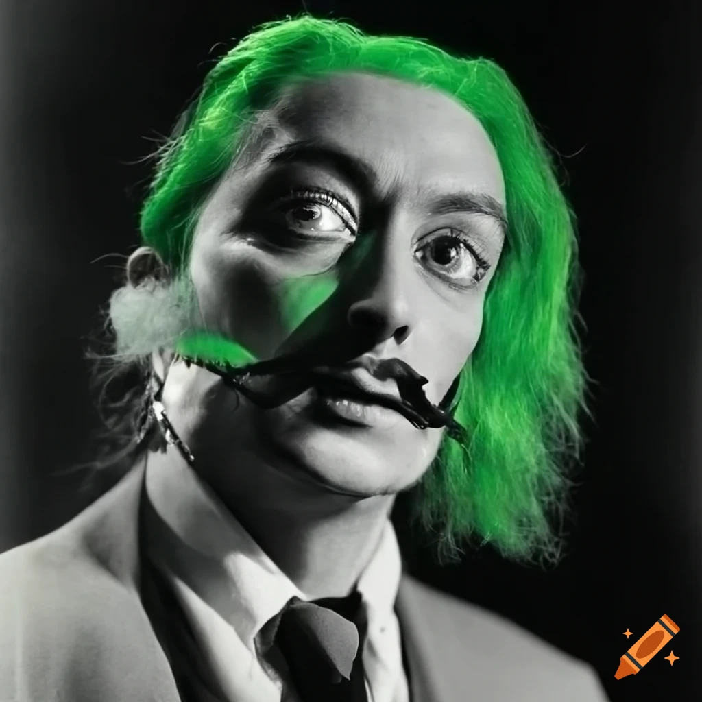 Black and white portrait of a dali with green punk hair