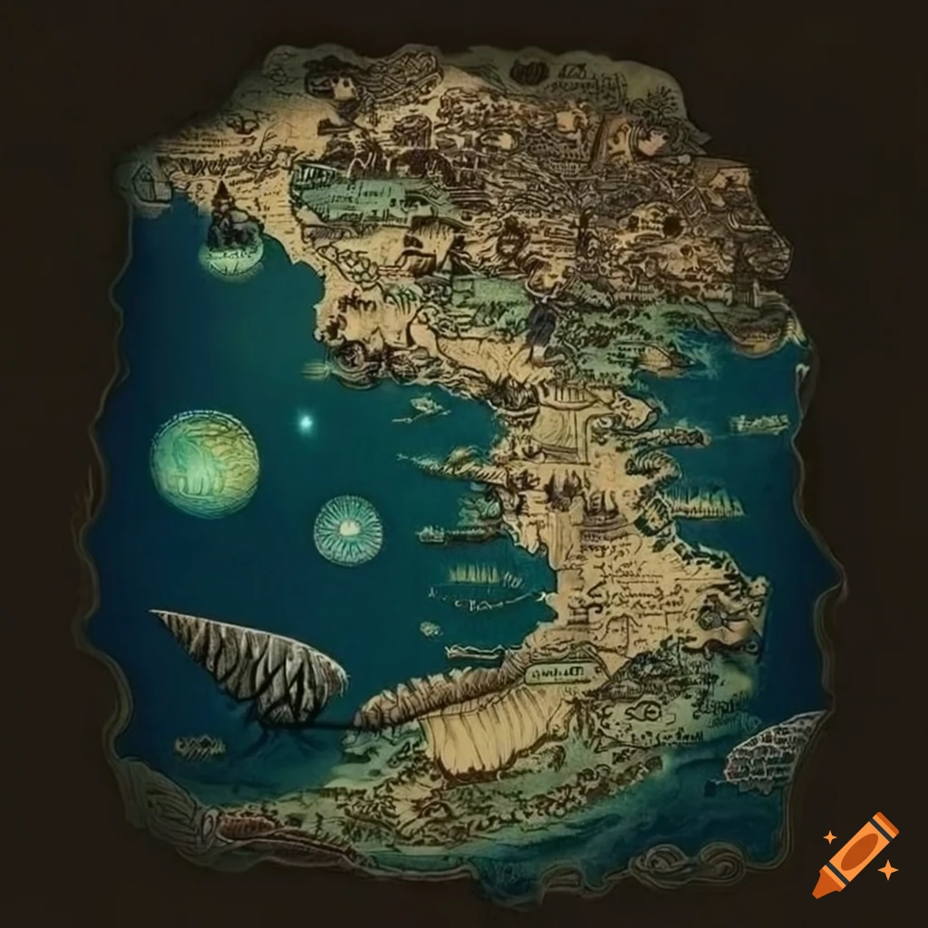 Detailed map of a mythical realm with unique lands and creatures