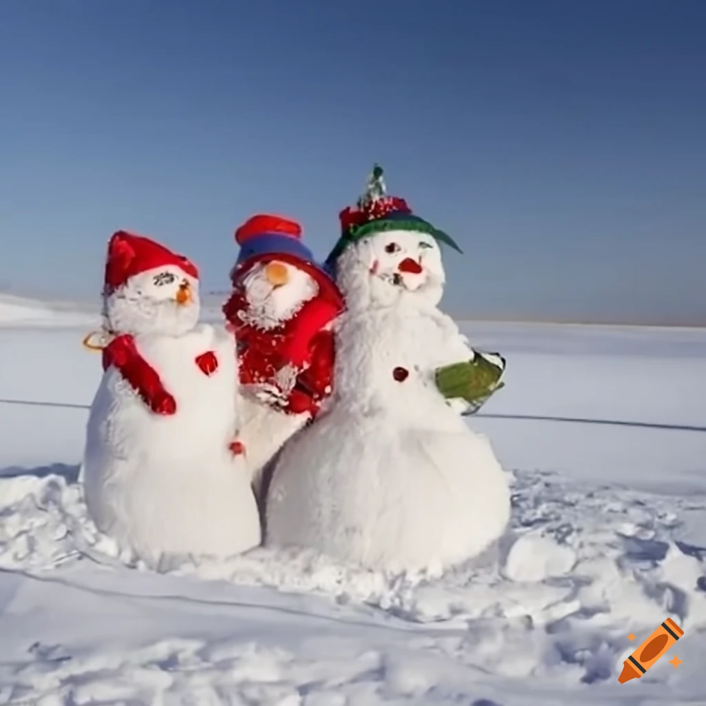 Three snowmen in a snowy field on Craiyon