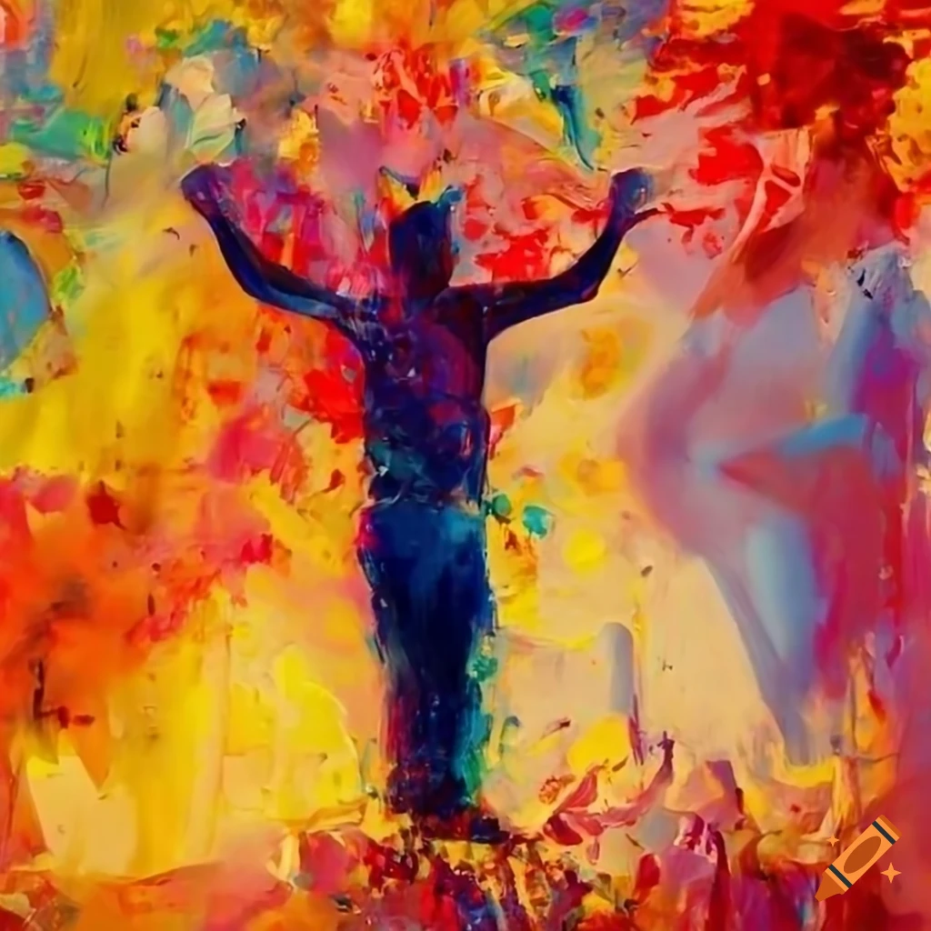 Palette painting of ecstatic man and people dancing