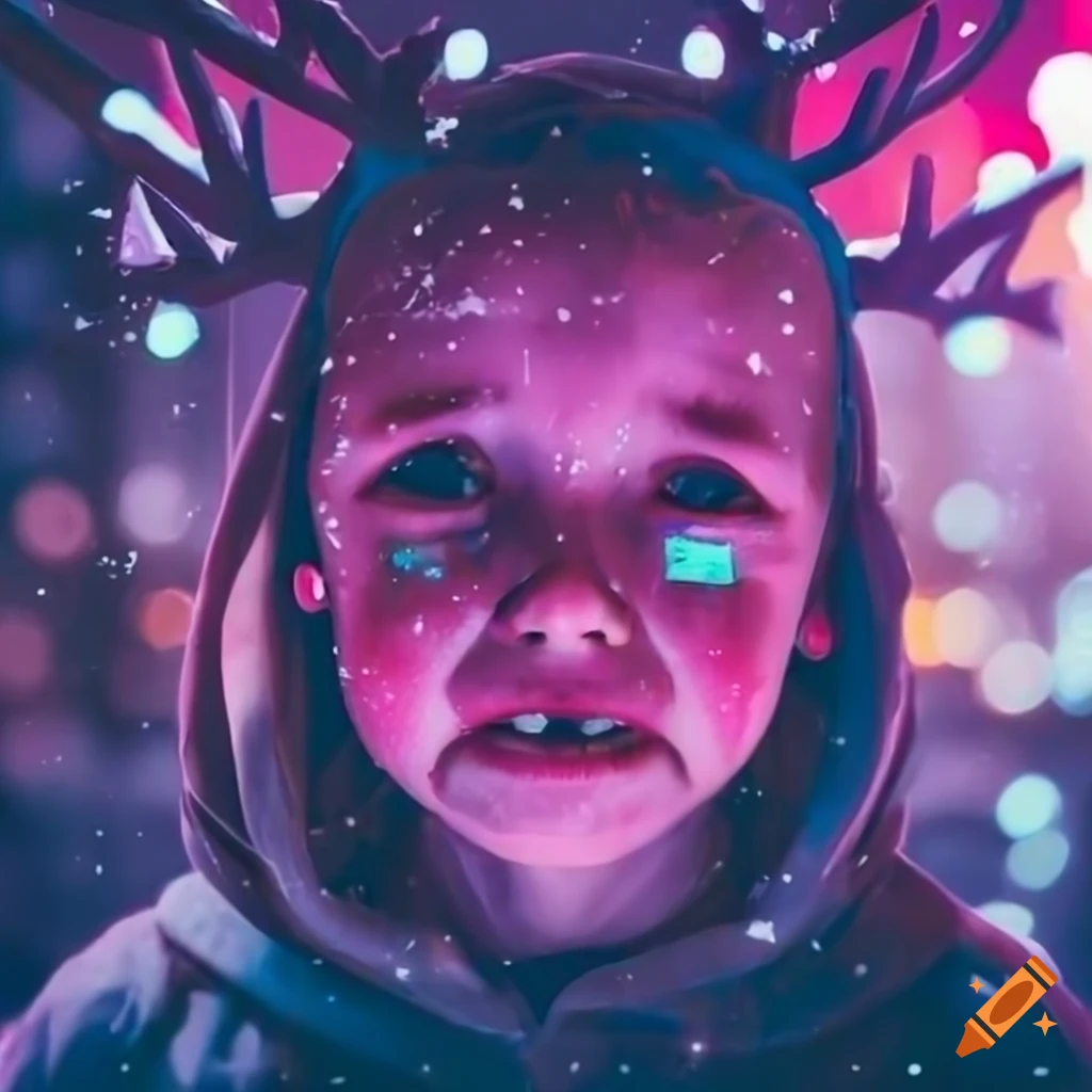 Closeup of a crying cyberpunk child with reindeer antlers on Craiyon
