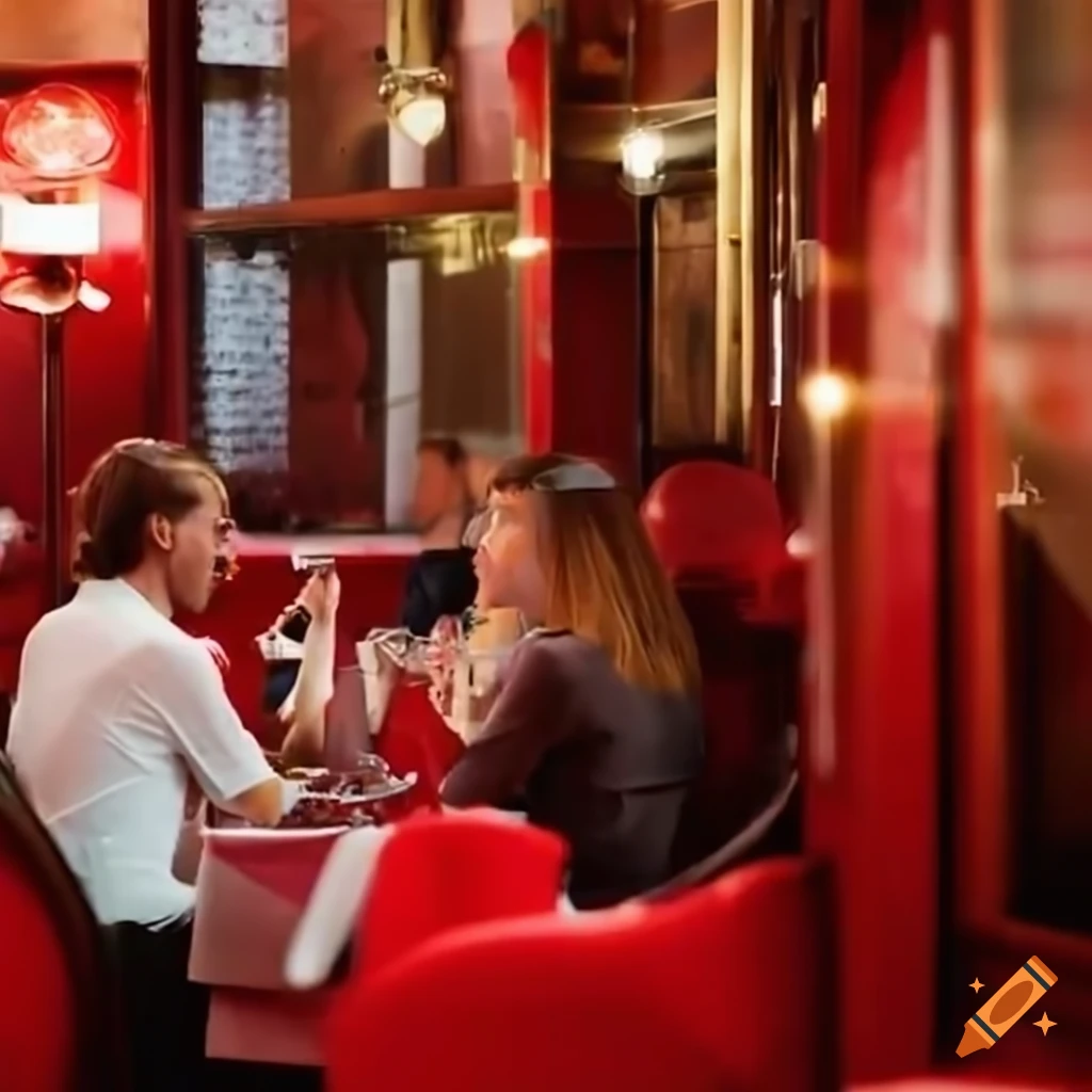 People serving food in a red-themed restaurant