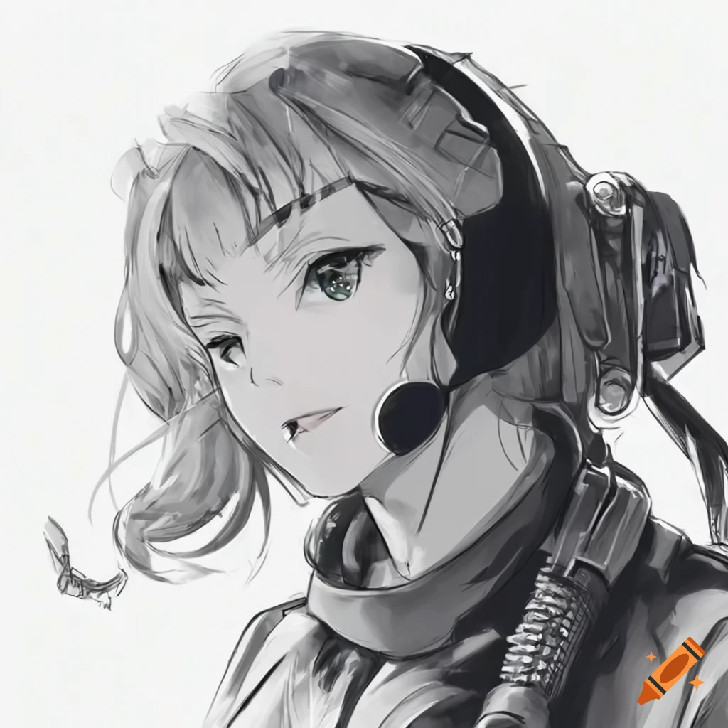 Black and white sketch of an anime girl pilot