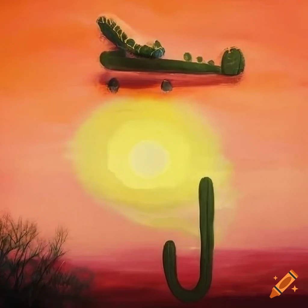 Sunset sky with a cactus airplane flying